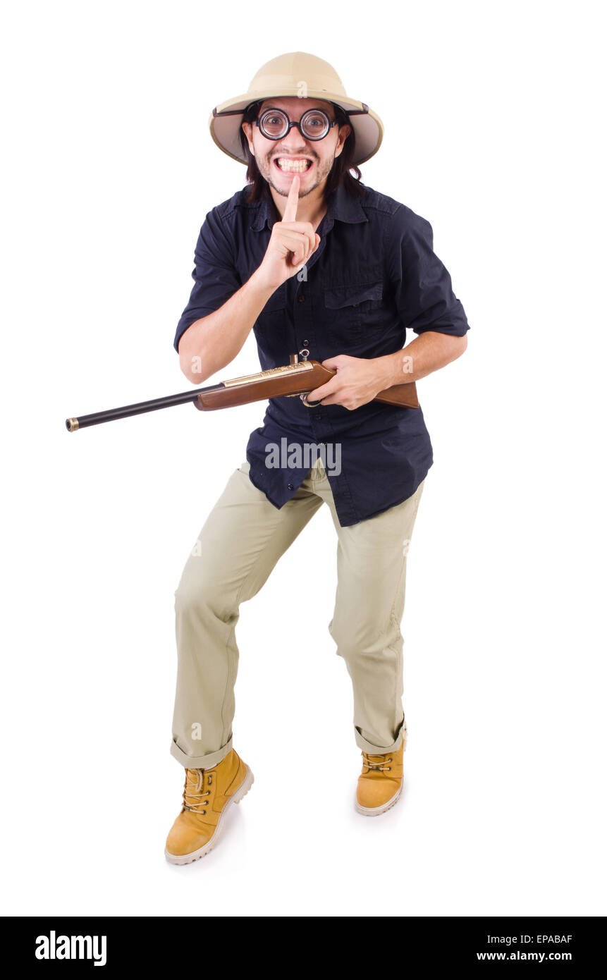 Funny hunter wearing safari hat Stock Photo - Alamy