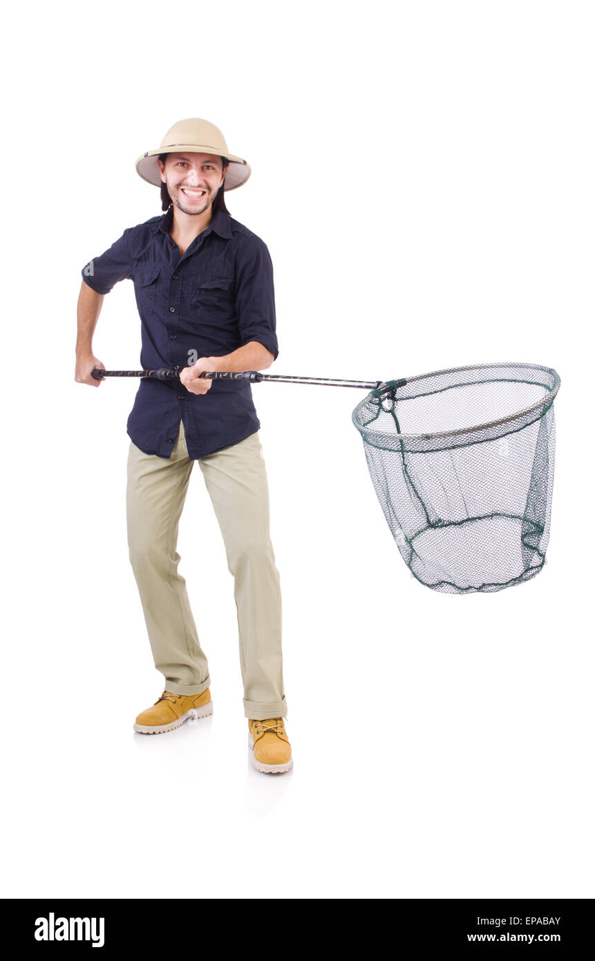 Funny guy with catching net on white Stock Photo - Alamy