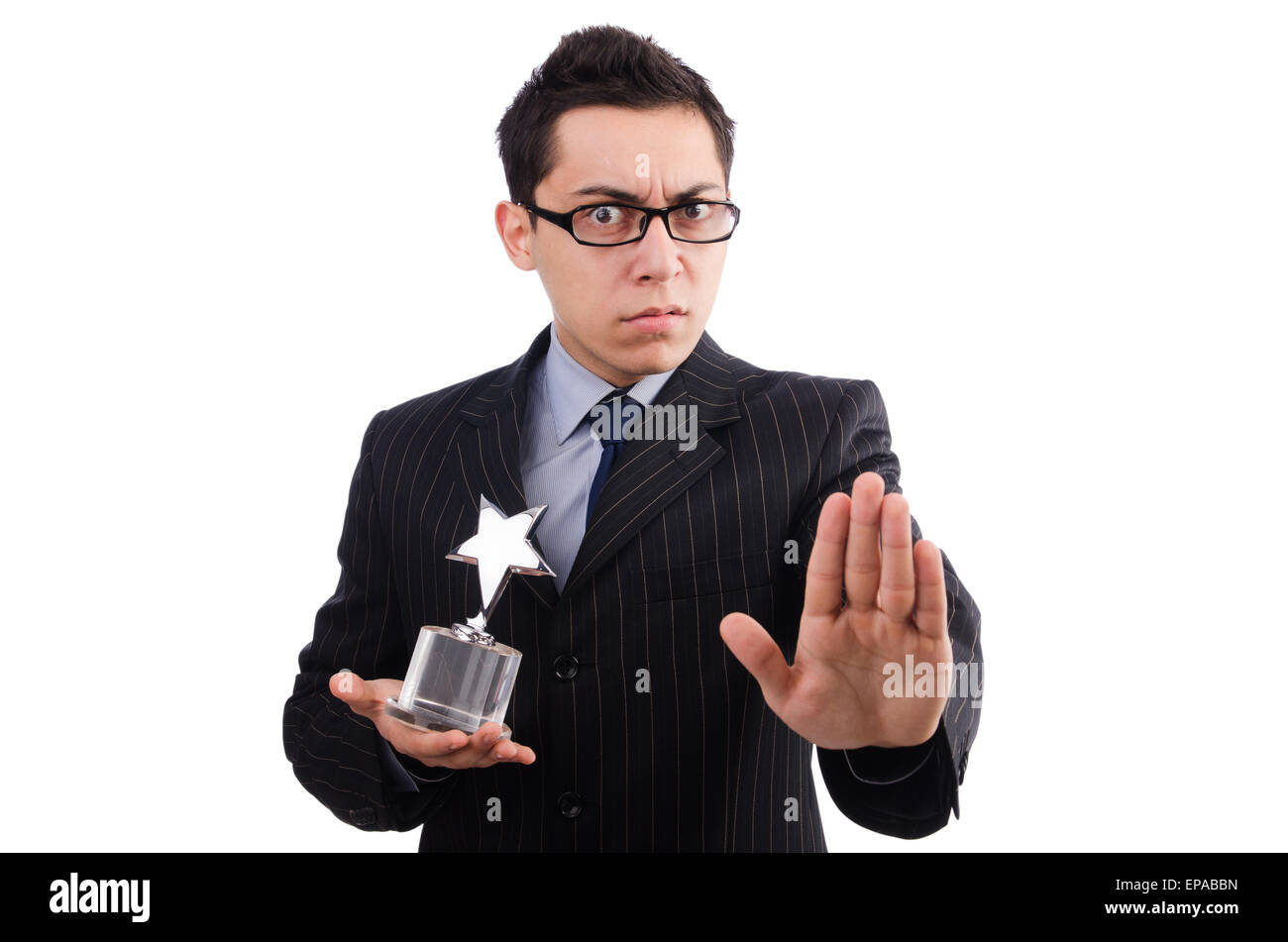 Funny guy receiving award on white Stock Photo - Alamy