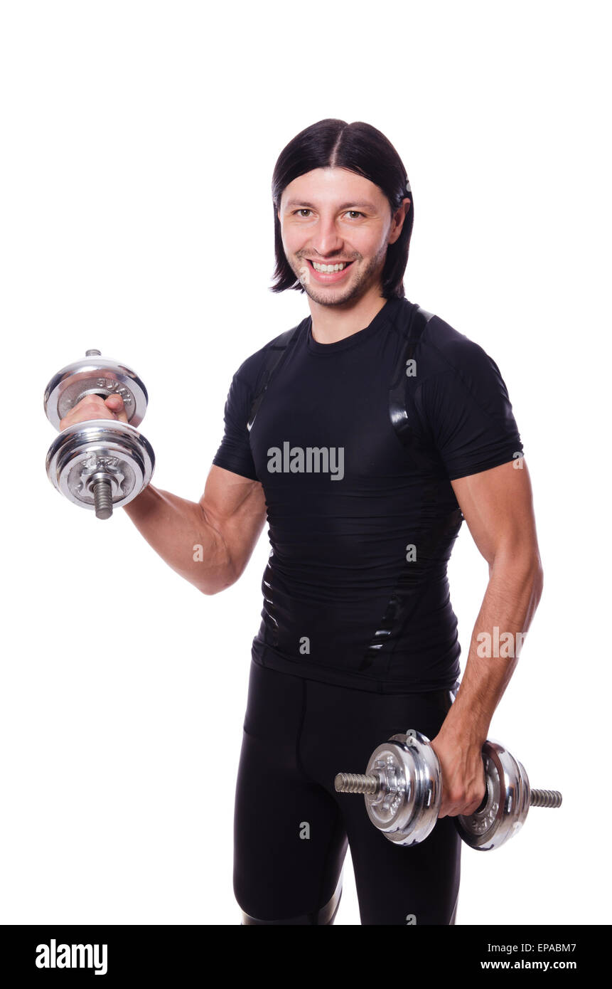 Man training with dumbbells on white Stock Photo - Alamy