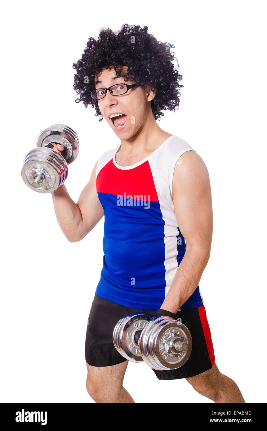 Funny man exercising with dumbbells Stock Photo - Alamy