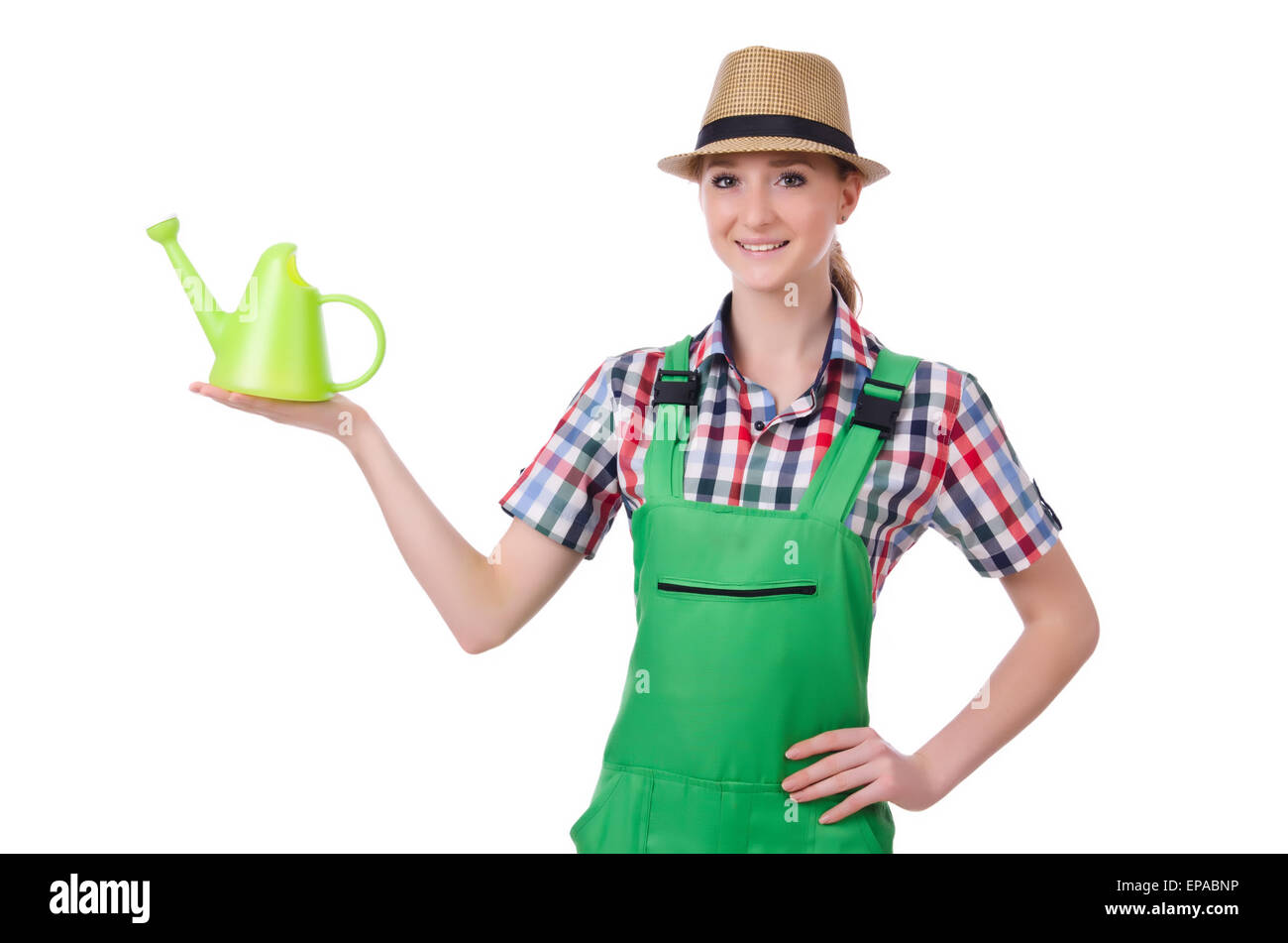 Young woman with watering can on white Stock Photo - Alamy
