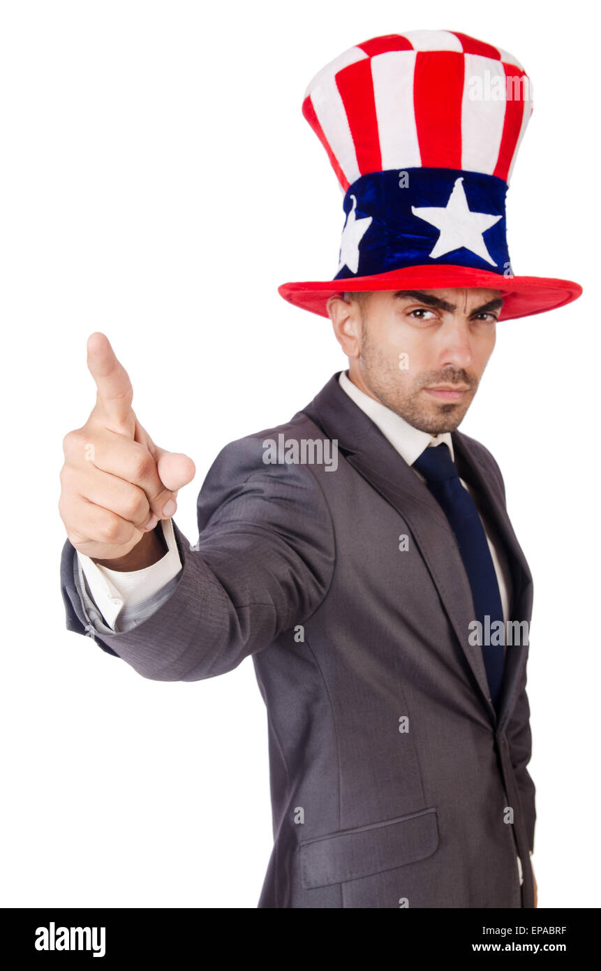 Angry man with american hat isolated on white Stock Photo - Alamy