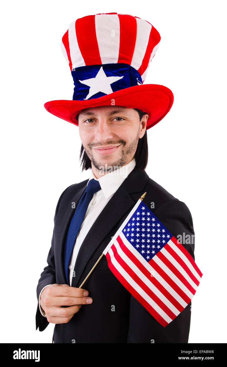 Man with american flag isolated on white Stock Photo - Alamy