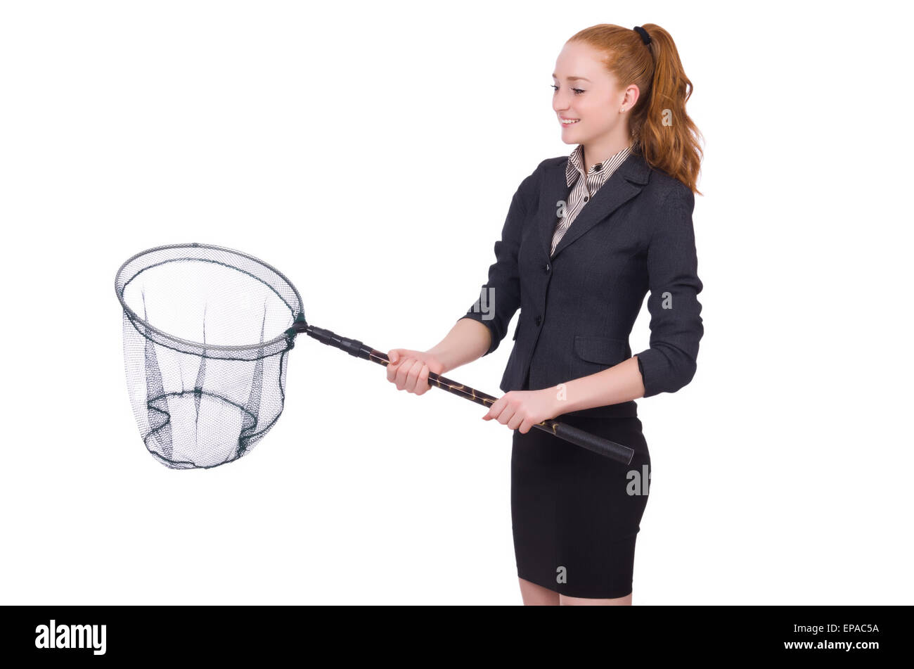 Young woman with catching net on white Stock Photo - Alamy