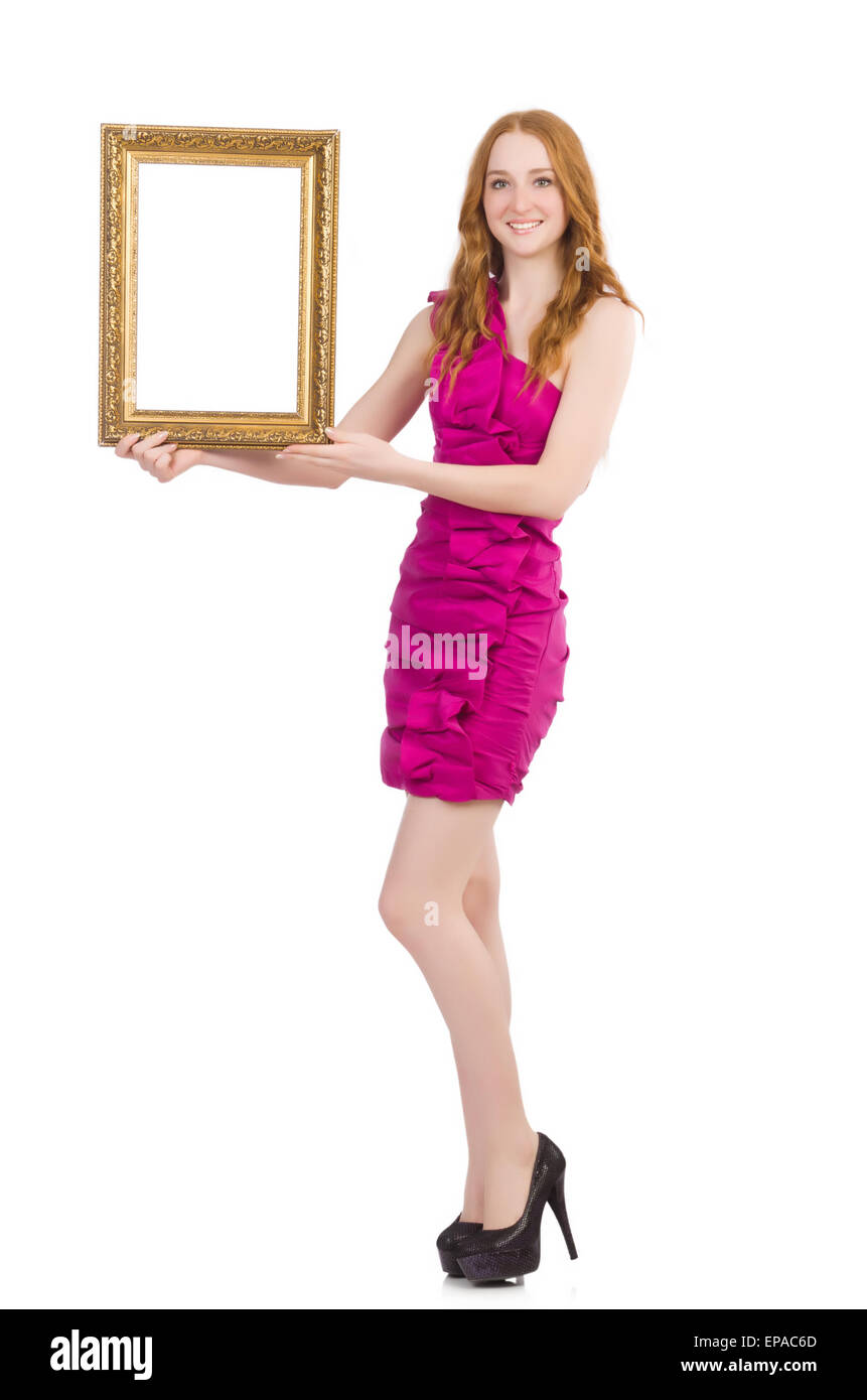 Woman with picture frame on white Stock Photo - Alamy