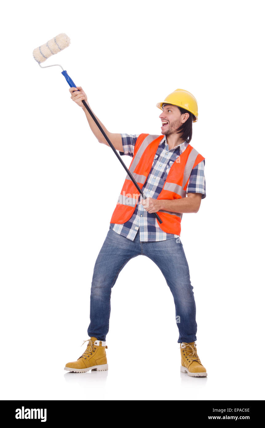 Painter with roller isolated on the white Stock Photo - Alamy