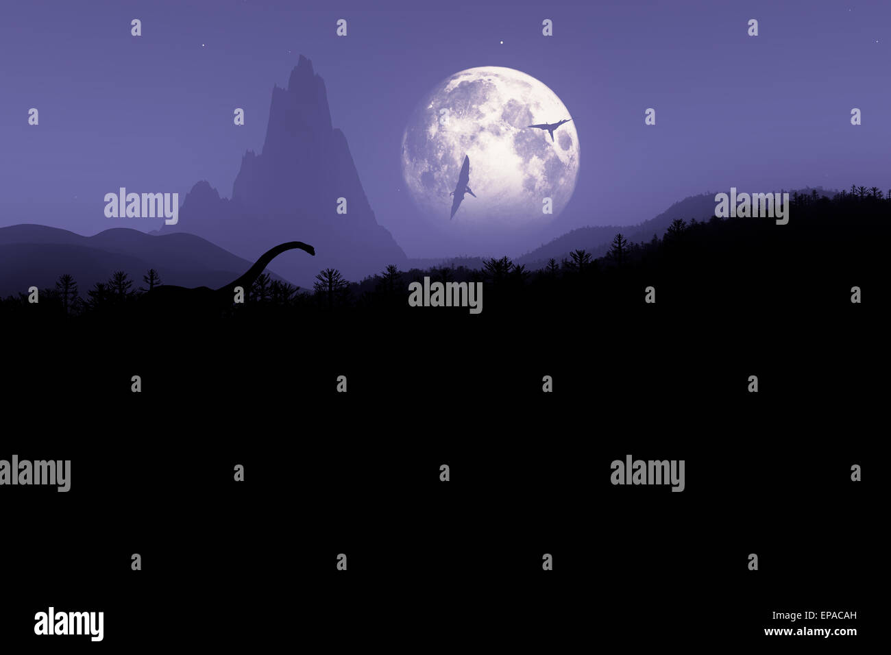 Dinosaurs in Prehistoric Jungle at Night in the Moonlight Stock Photo ...