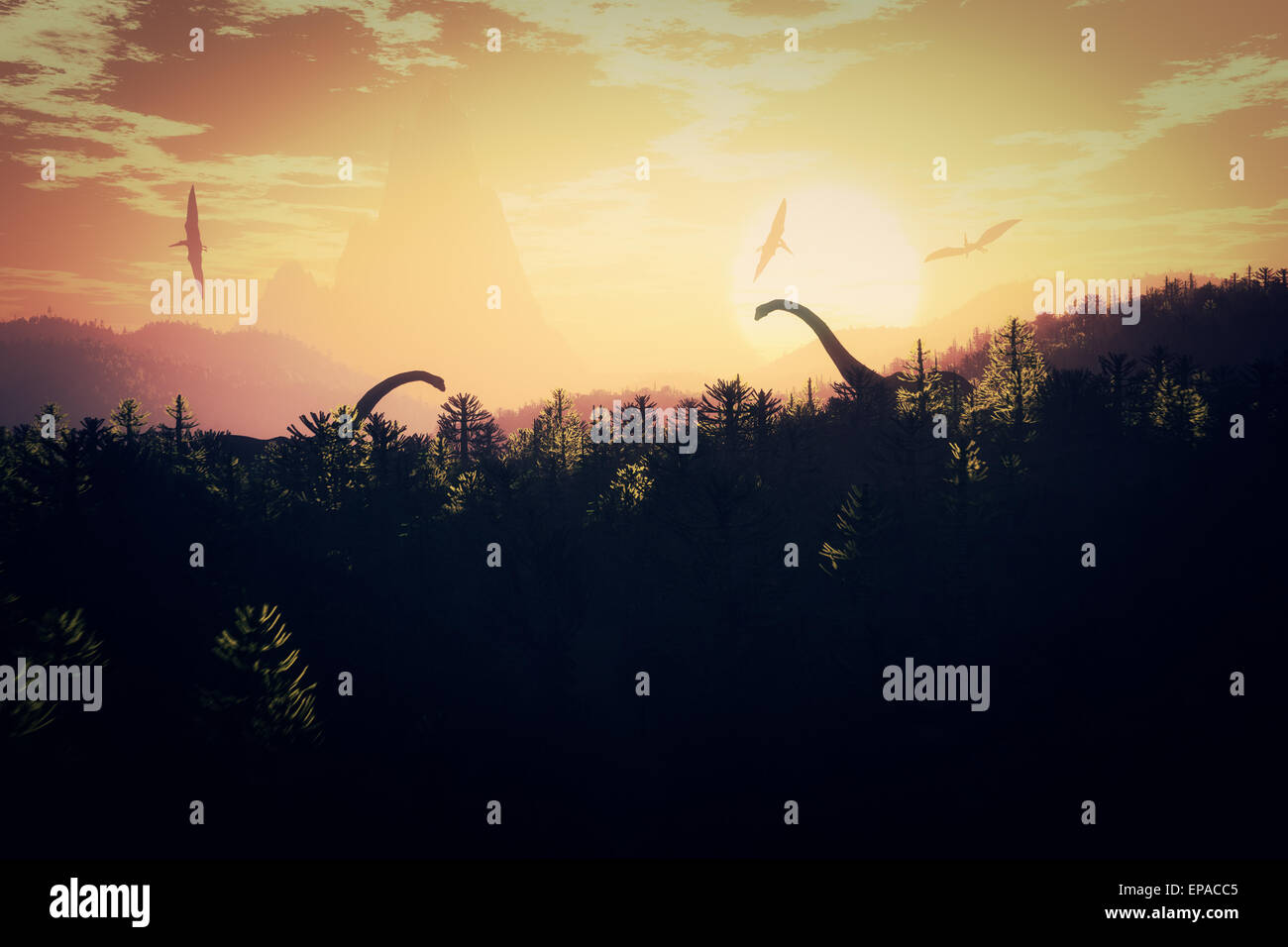 Dinosaurs in Prehistoric Jungle in the Sunset Sunrise 3D Artwork Stock ...