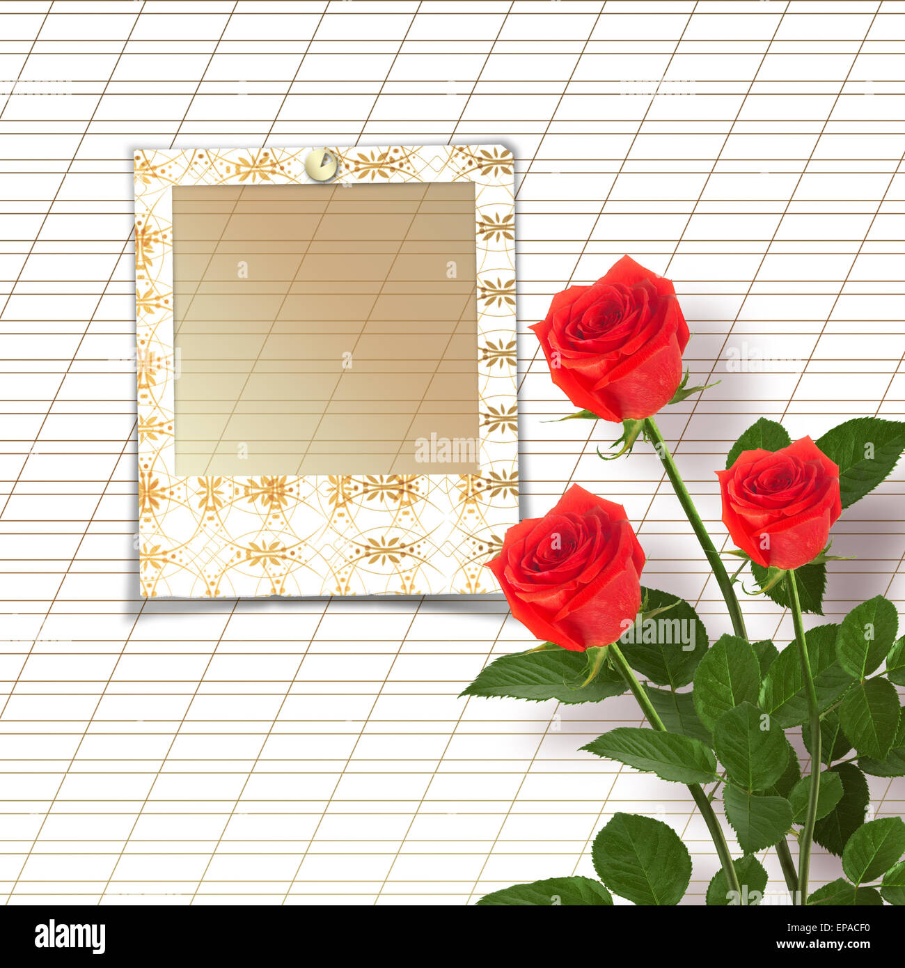 Bouquet of beautiful red roses with the invitation or congratulation on ...