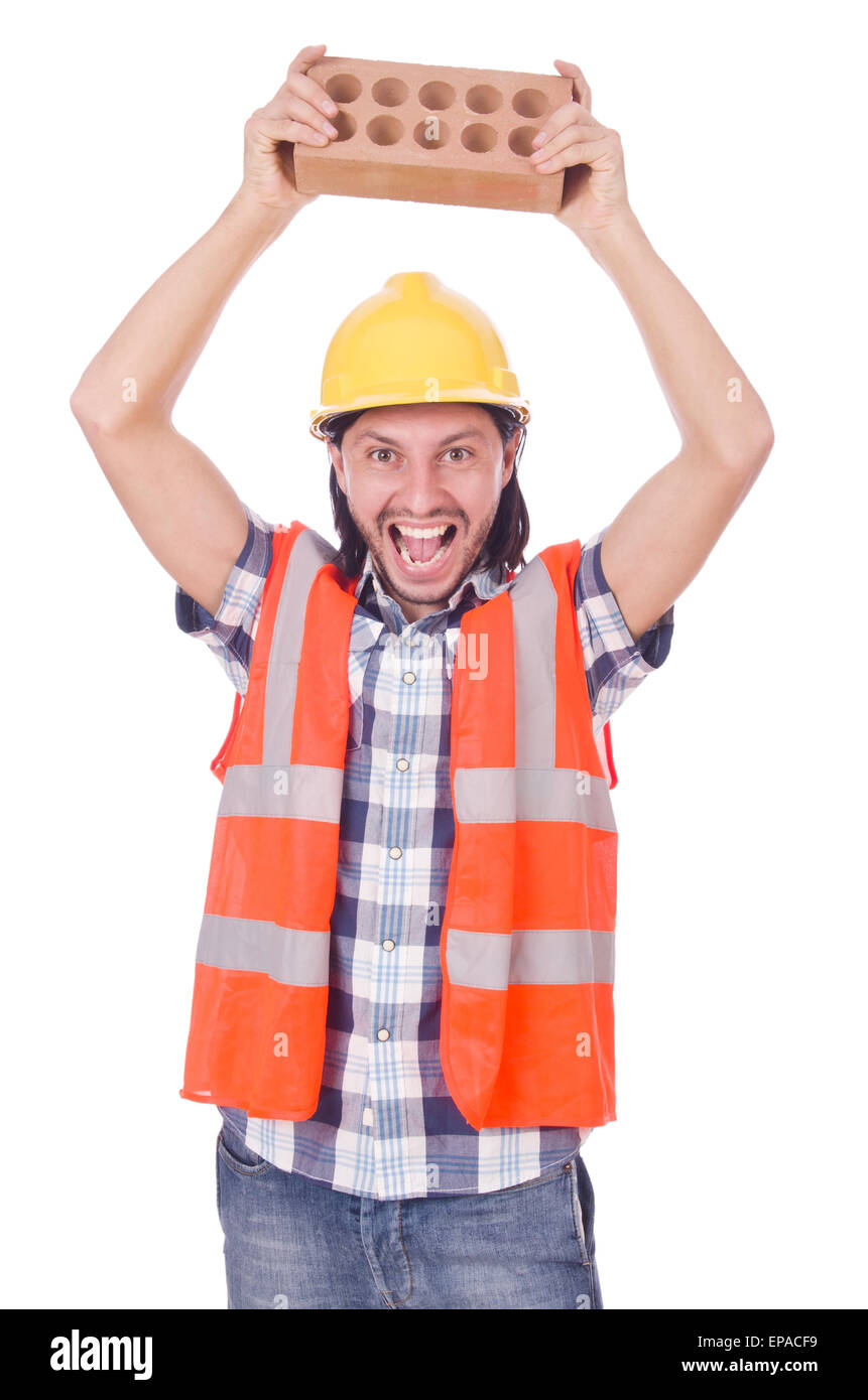 Builder with clay bricks isolated on white Stock Photo - Alamy