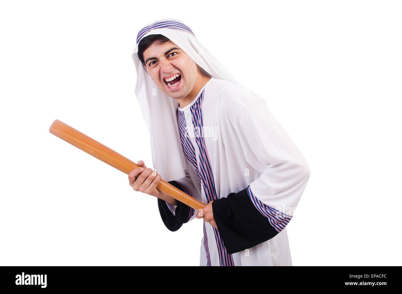 Aggressive arab man with baseball bat on white Stock Photo - Alamy