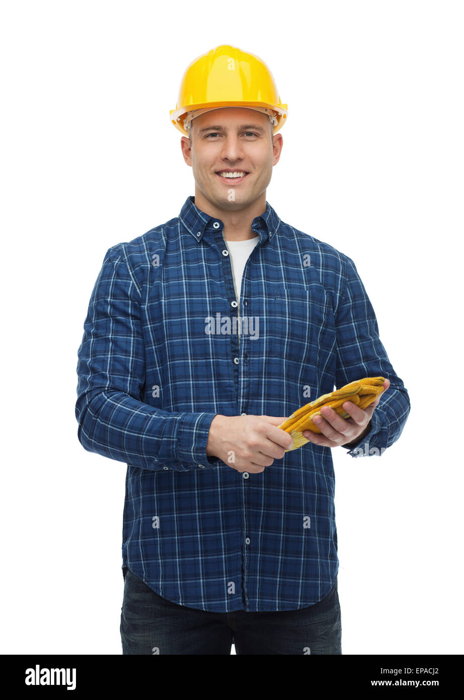 smiling man in helmet with gloves Stock Photo - Alamy
