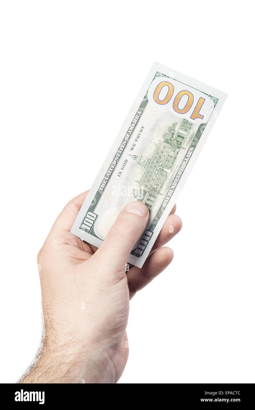 male hand holding 100 dollars isolated on white Stock Photo - Alamy