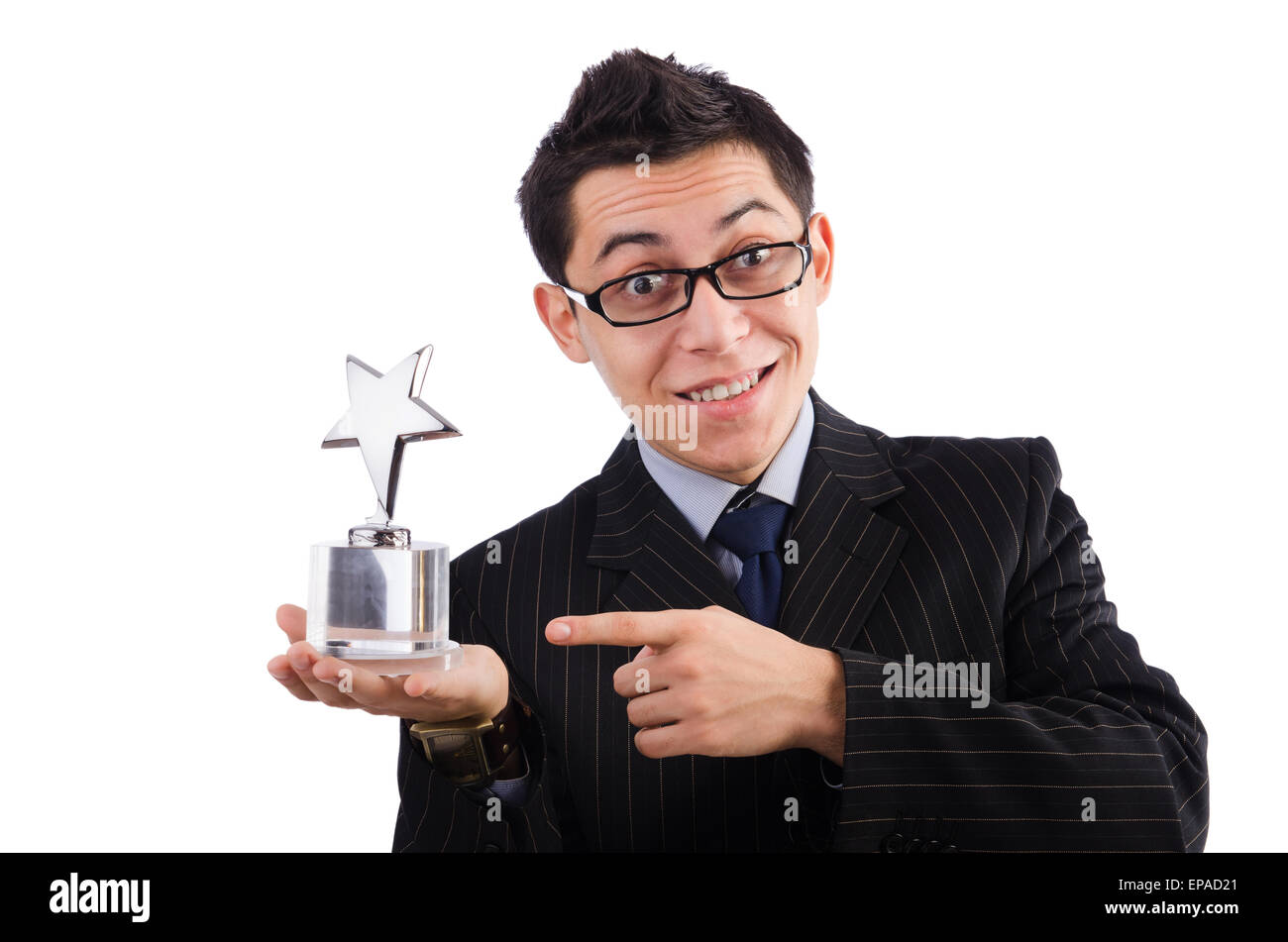 Funny guy receiving award on white Stock Photo - Alamy