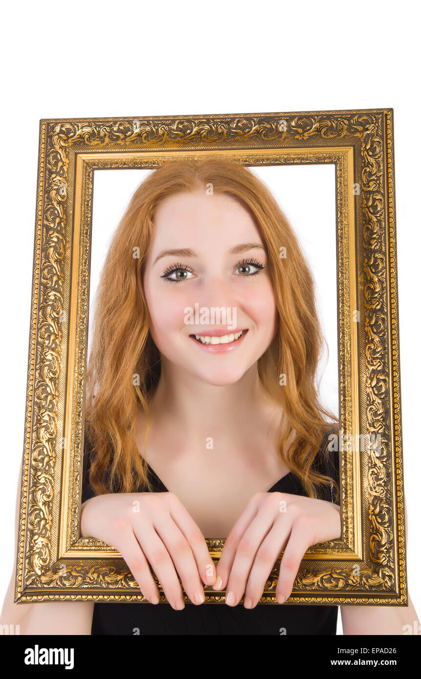 Woman with picture frame isolated on white Stock Photo - Alamy