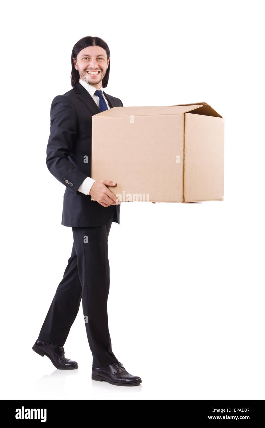 Funny man with boxes on white Stock Photo - Alamy