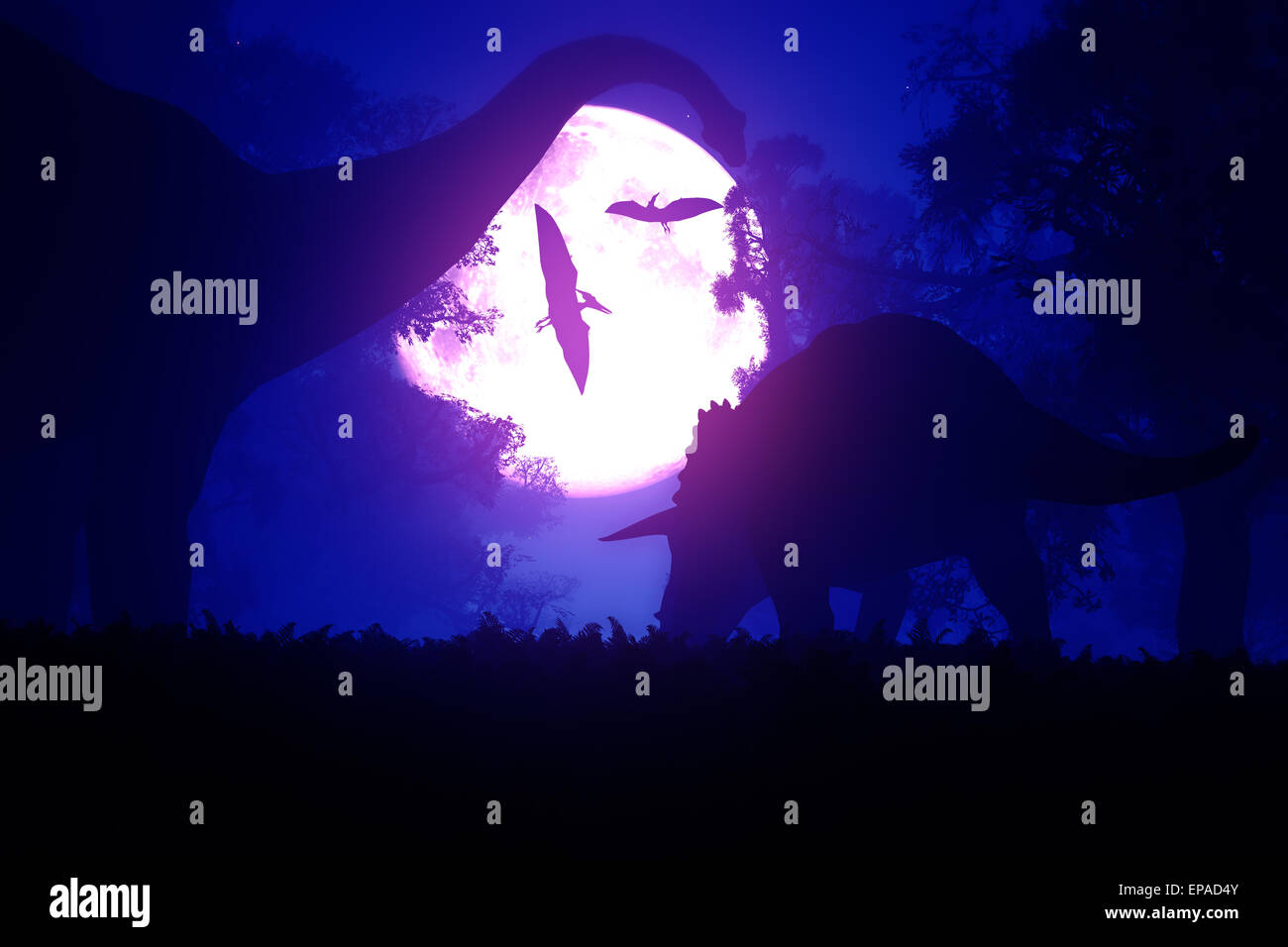 Dinosaurs in Prehistoric Jungle at Night in the Moonlight Stock Photo ...