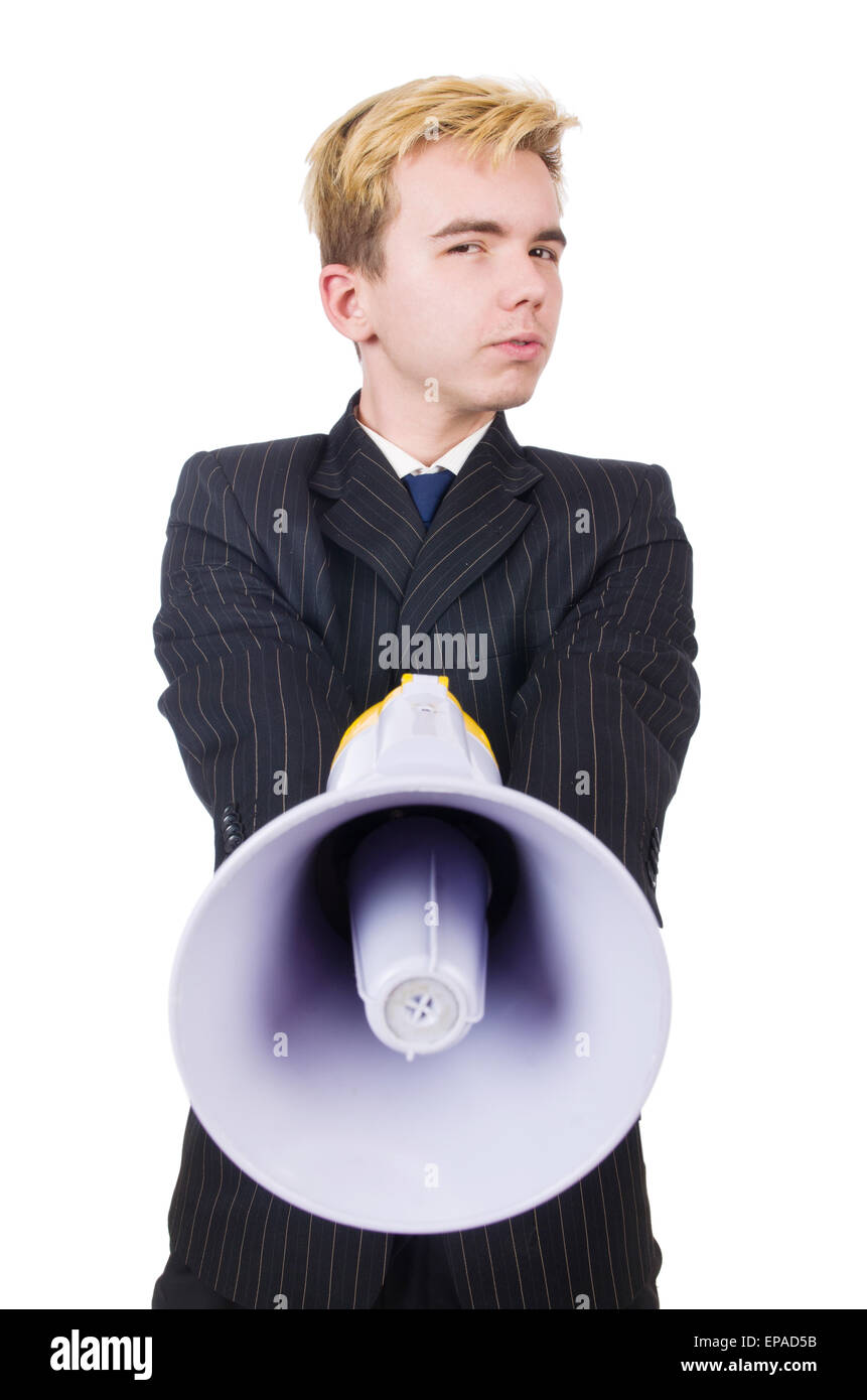 Funny man with loudspeaker on white Stock Photo - Alamy