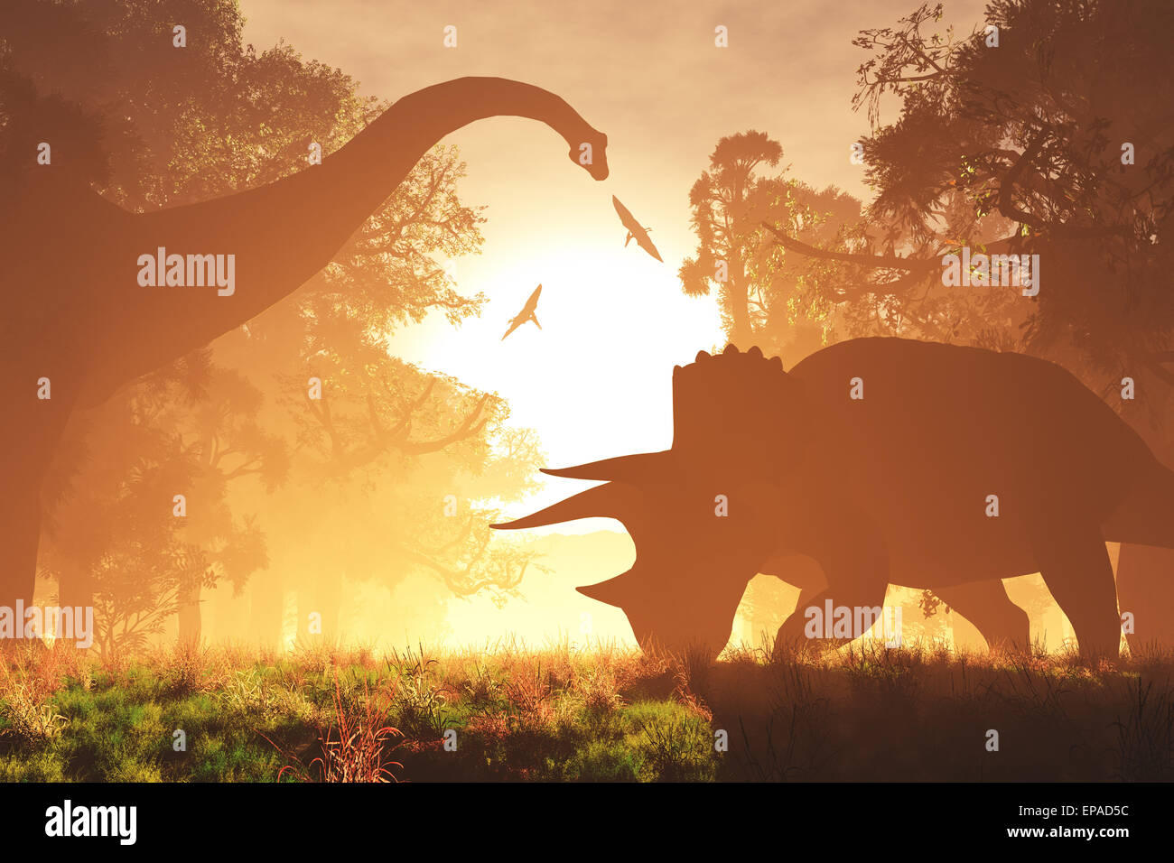 Dinosaurs in Prehistoric Jungle in the Sunset Sunrise 3D Artwork Stock ...