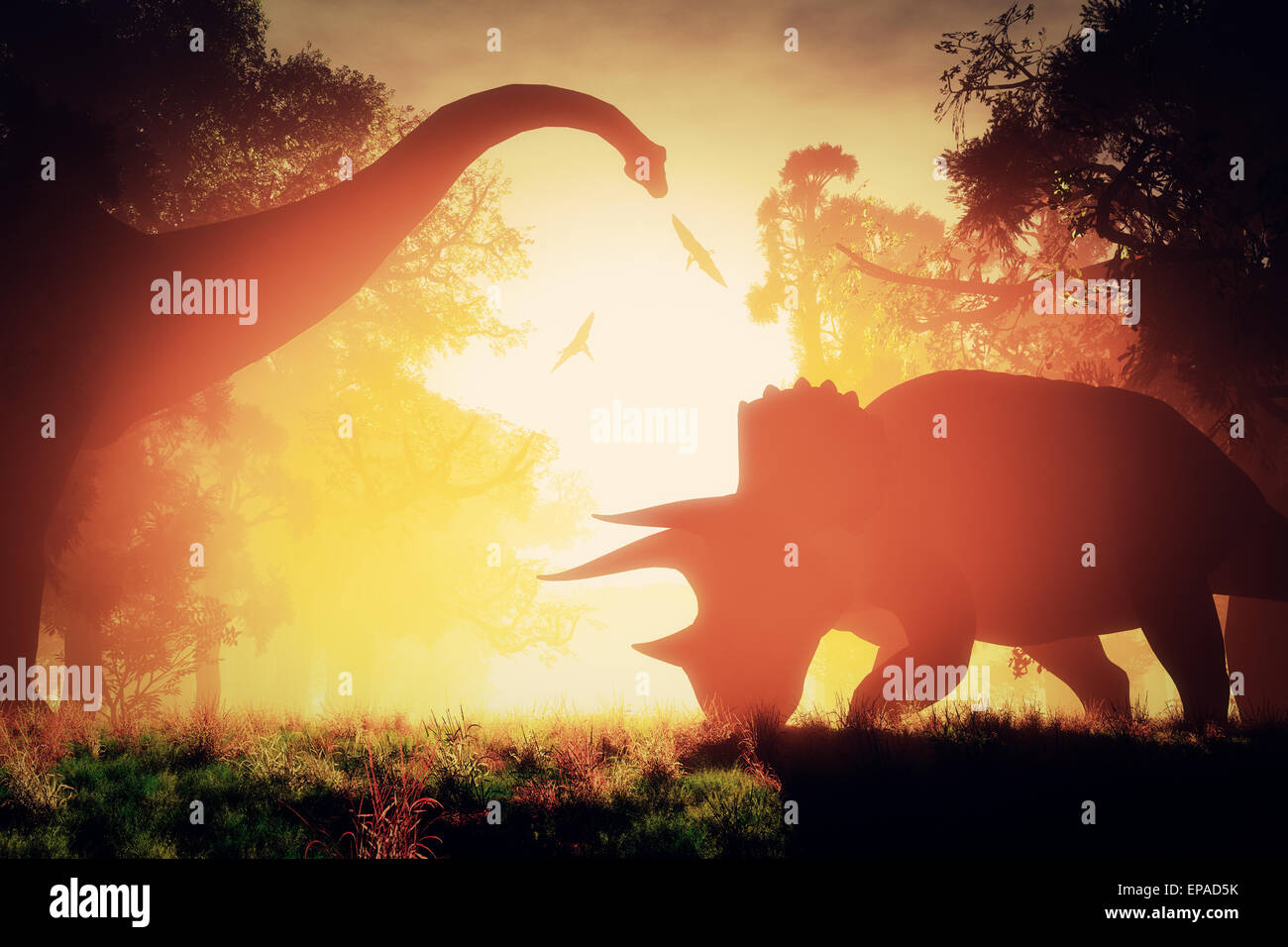 Dinosaurs in Prehistoric Jungle in the Sunset Sunrise 3D Artwork Stock ...