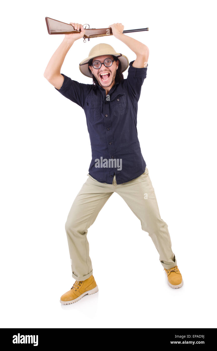 Funny hunter wearing safari hat Stock Photo - Alamy