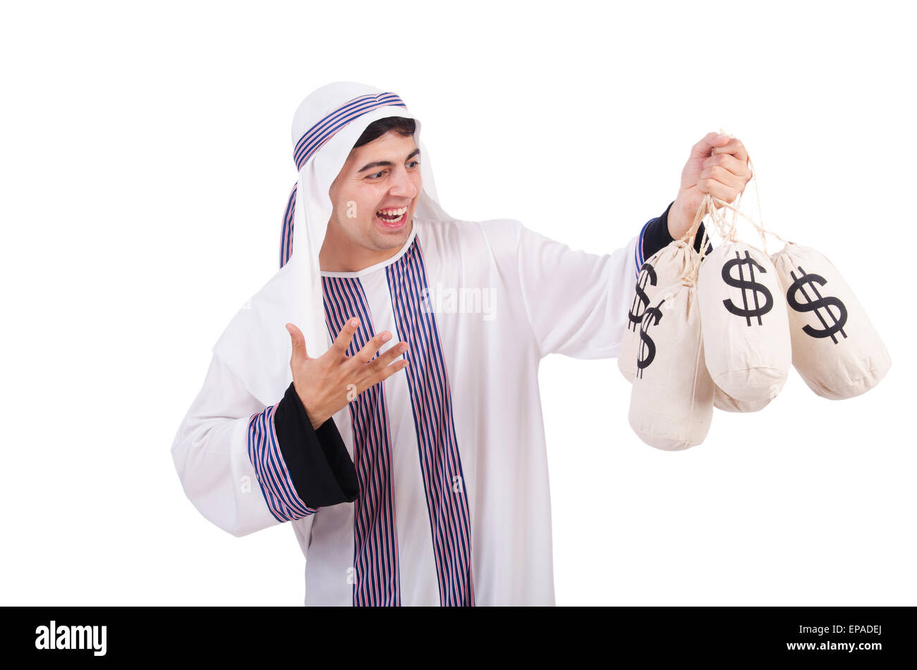 Arab man with money sacks isolated on white Stock Photo - Alamy
