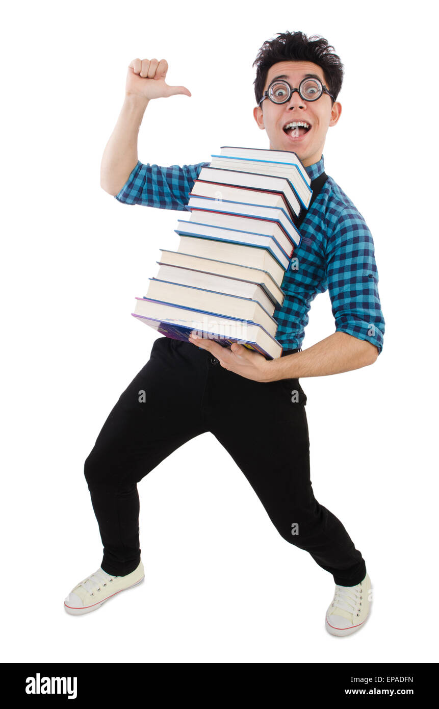 Funny student with books on white Stock Photo - Alamy