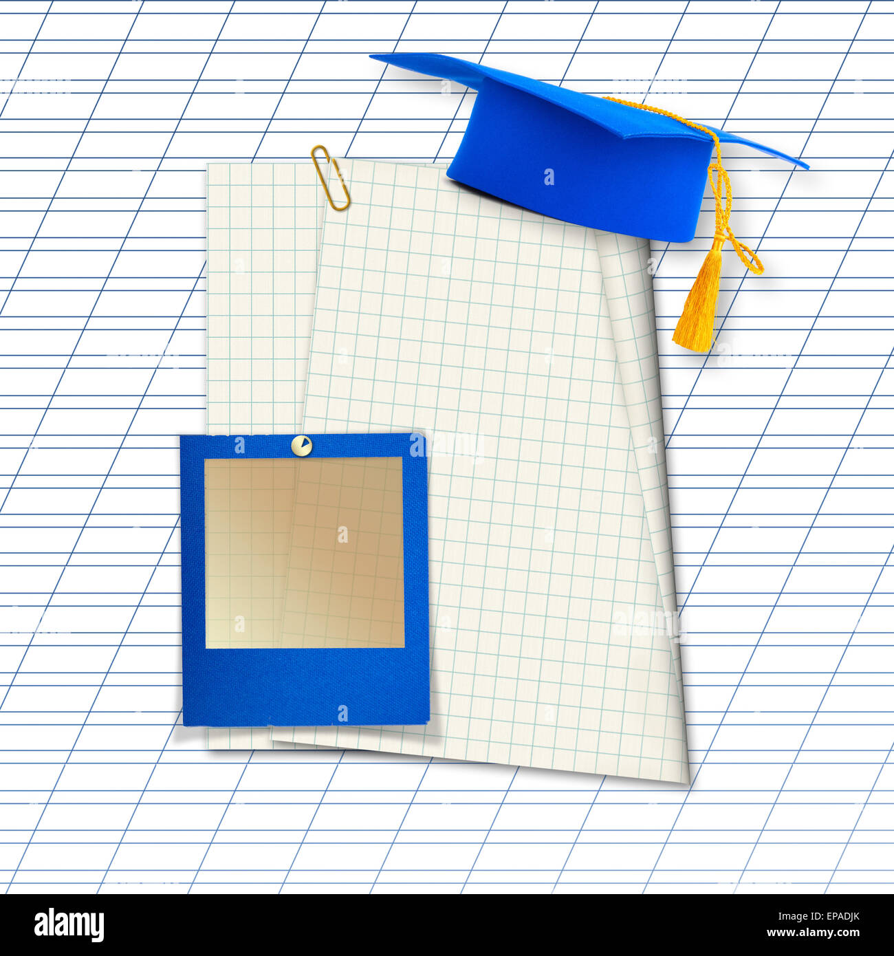 Mortar board or graduation cap with blue slide on the background ...