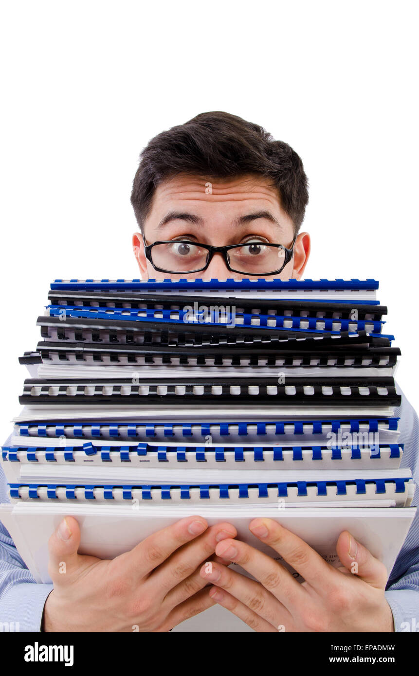 Funny man with lots of folders on white Stock Photo - Alamy