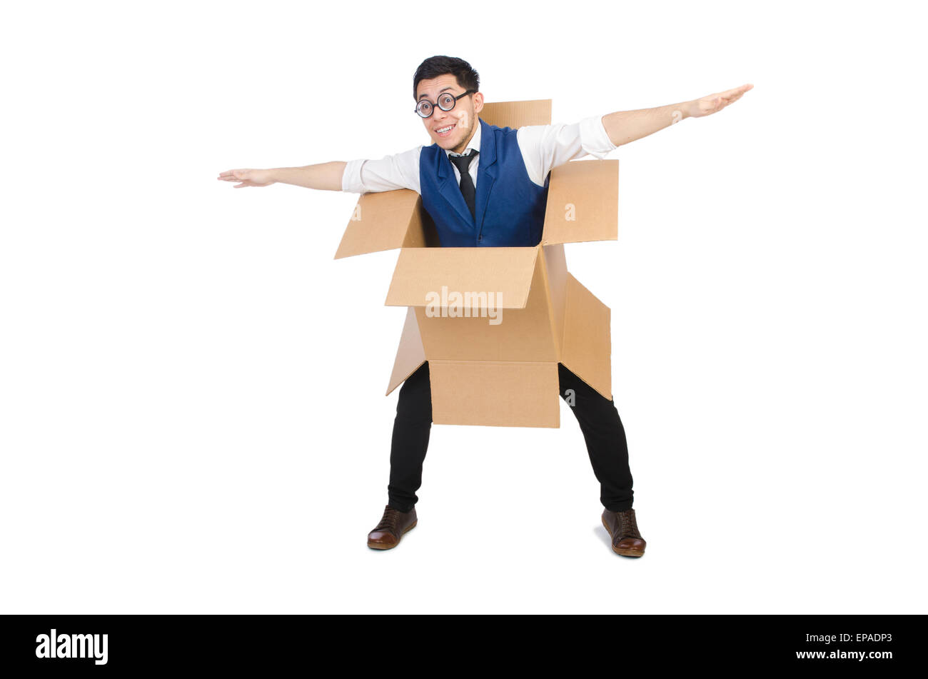 Man in thinking outside the box concept Stock Photo - Alamy