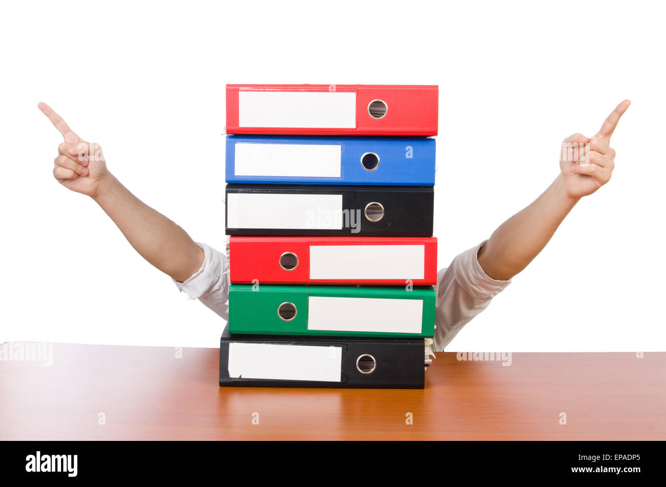 Funny man with lots of folders on white Stock Photo - Alamy