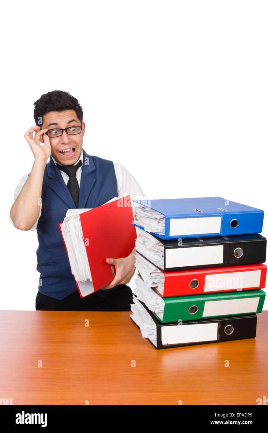 Funny man with lots of folders on white Stock Photo - Alamy