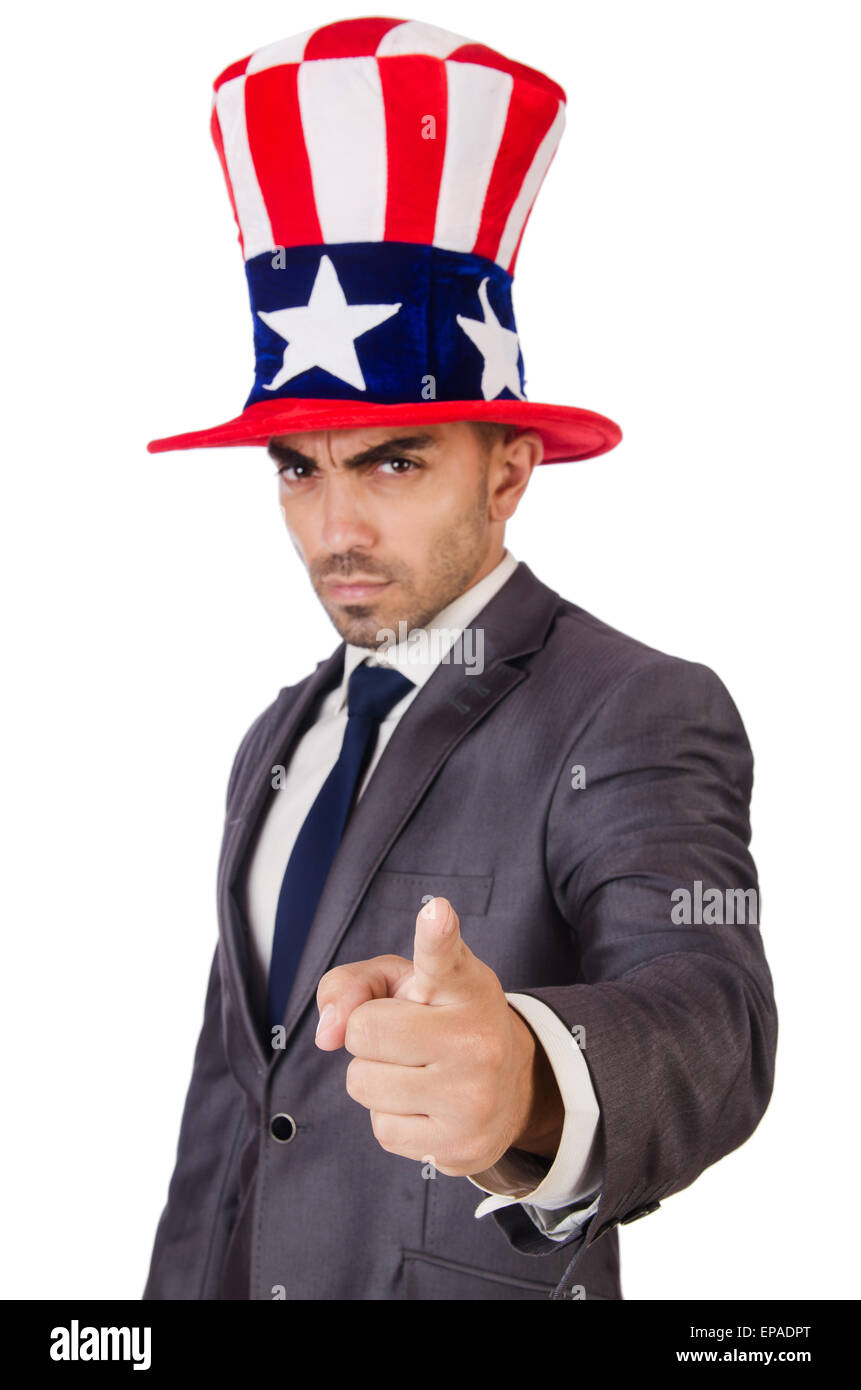 Angry man with american hat isolated on white Stock Photo - Alamy