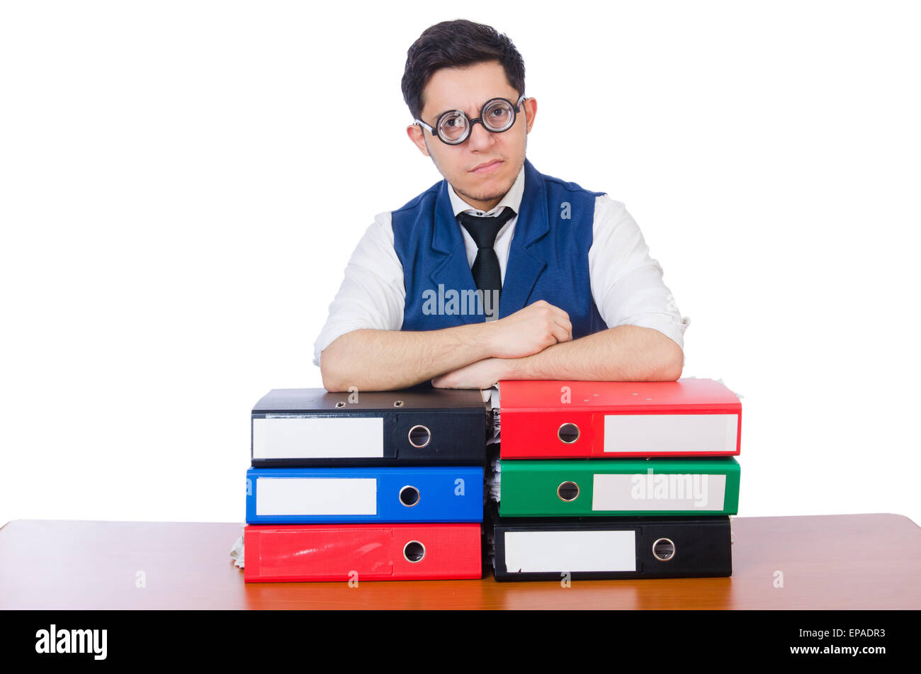 Funny man with lots of folders on white Stock Photo - Alamy