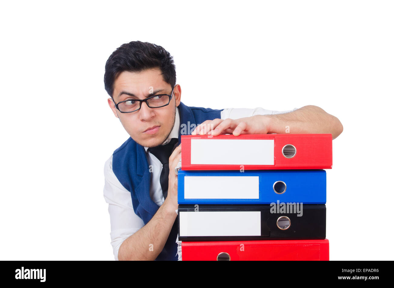Funny man with lots of folders on white Stock Photo - Alamy