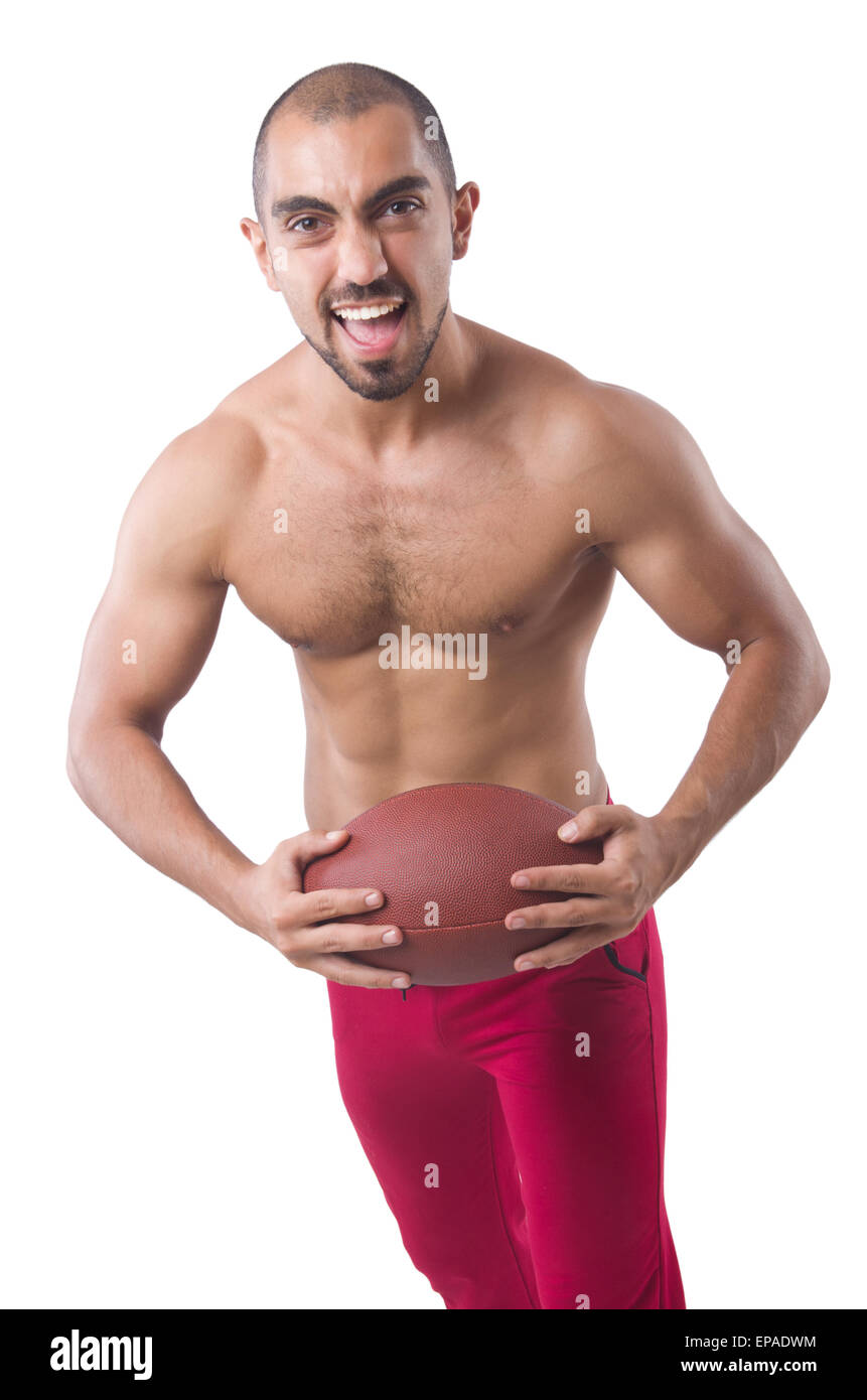 Sportsman training with american football isolated on white Stock Photo ...
