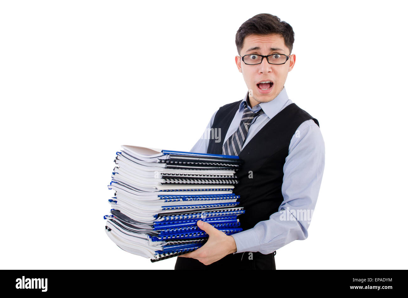 Funny man with lots of folders on white Stock Photo - Alamy