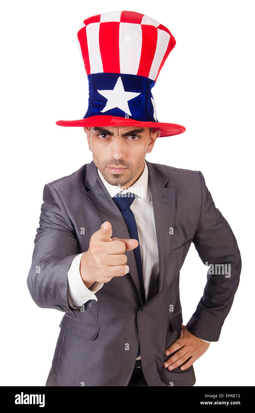 Angry man with american hat isolated on white Stock Photo - Alamy
