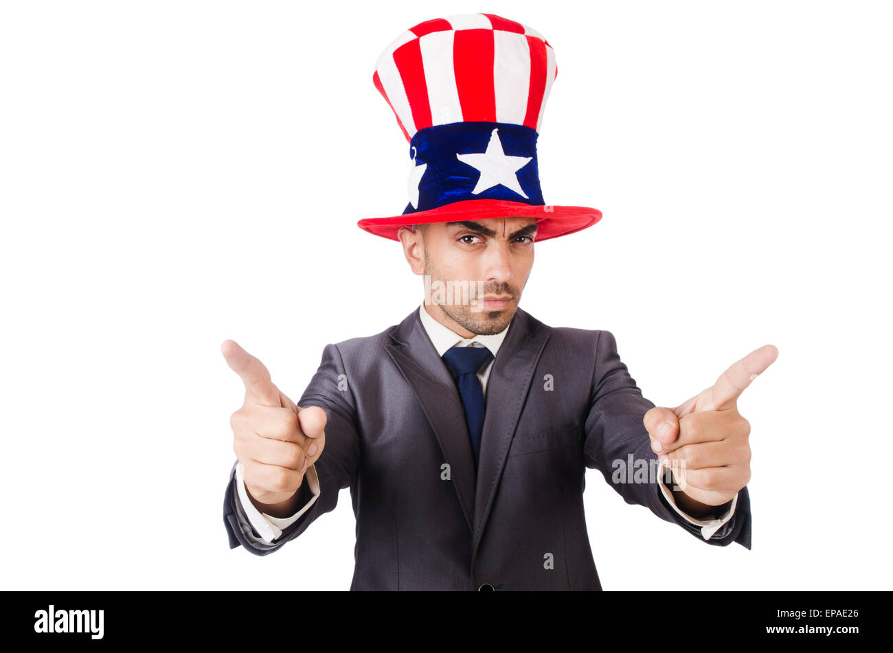 Angry man with american hat isolated on white Stock Photo - Alamy