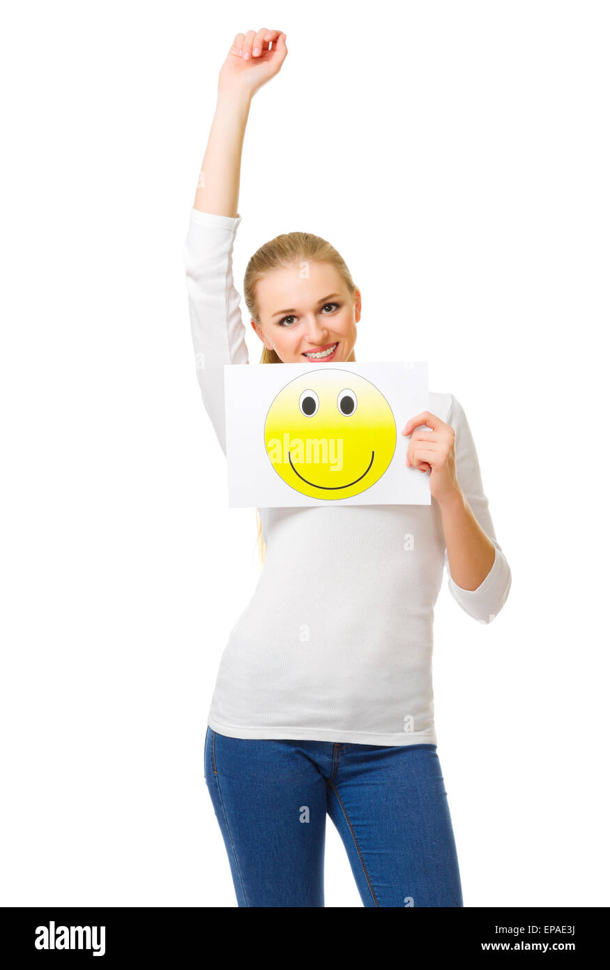 Girl with positive placard isolated Stock Photo - Alamy