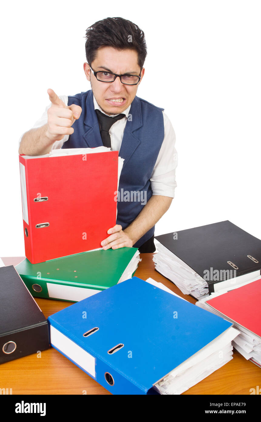 Funny man with lots of folders on white Stock Photo - Alamy