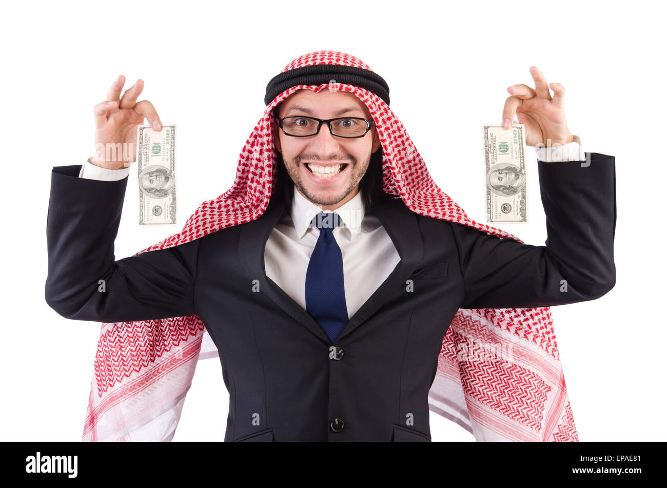 Arab businessman in specs with money isolated on white Stock Photo - Alamy