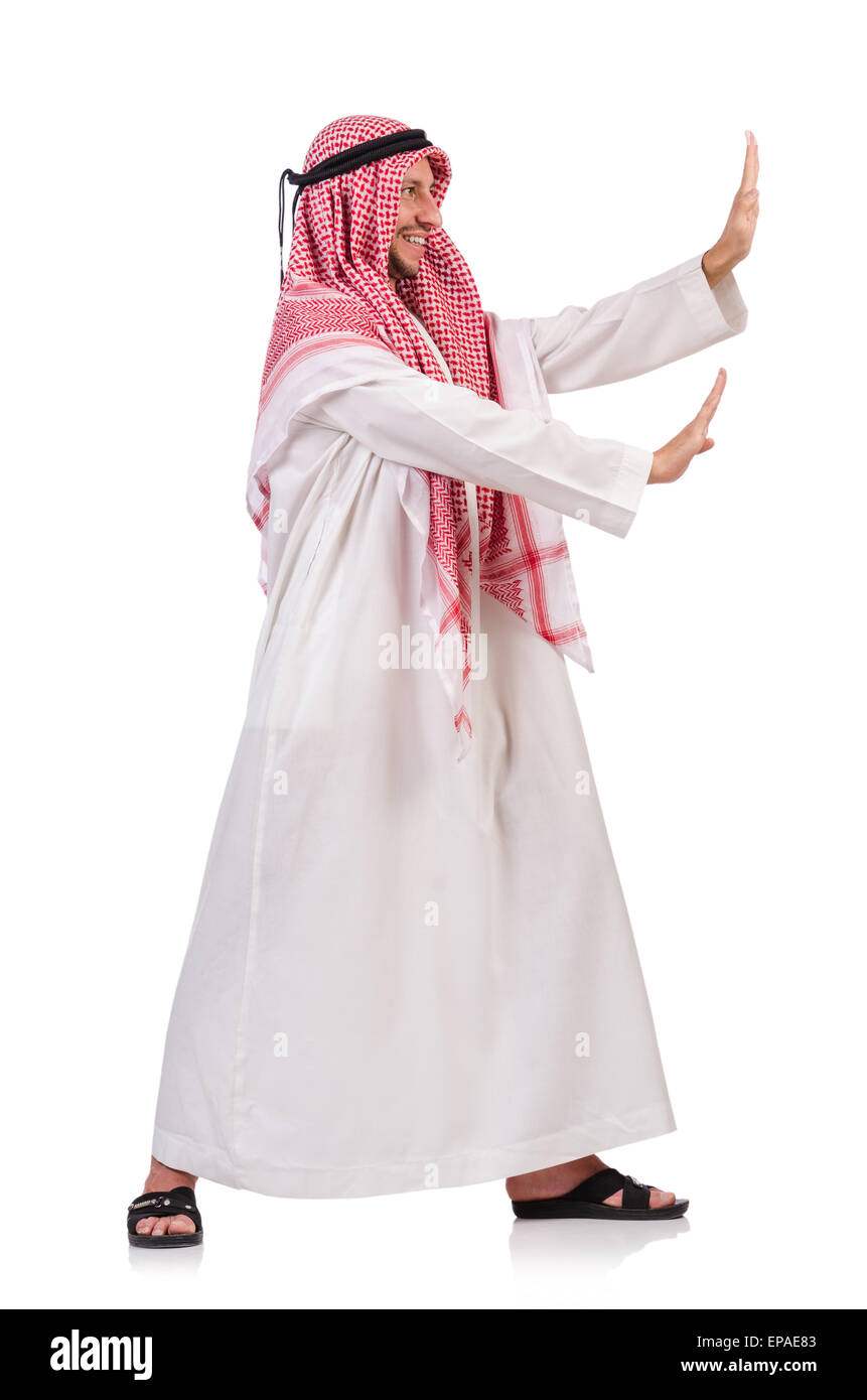 Arab man pushing away virtual obstacle isoalted on white Stock Photo ...