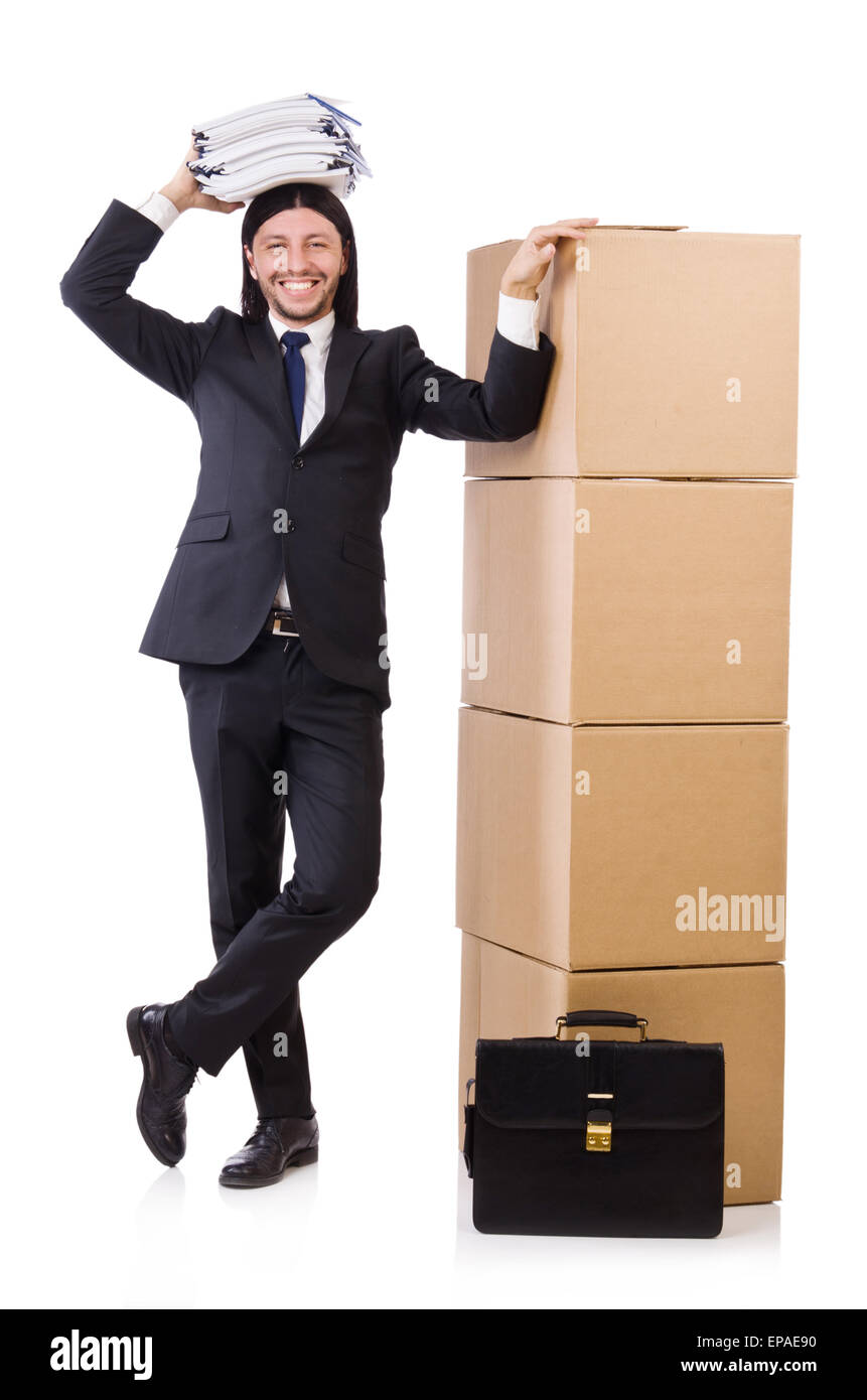 Man with boxes full of work Stock Photo - Alamy