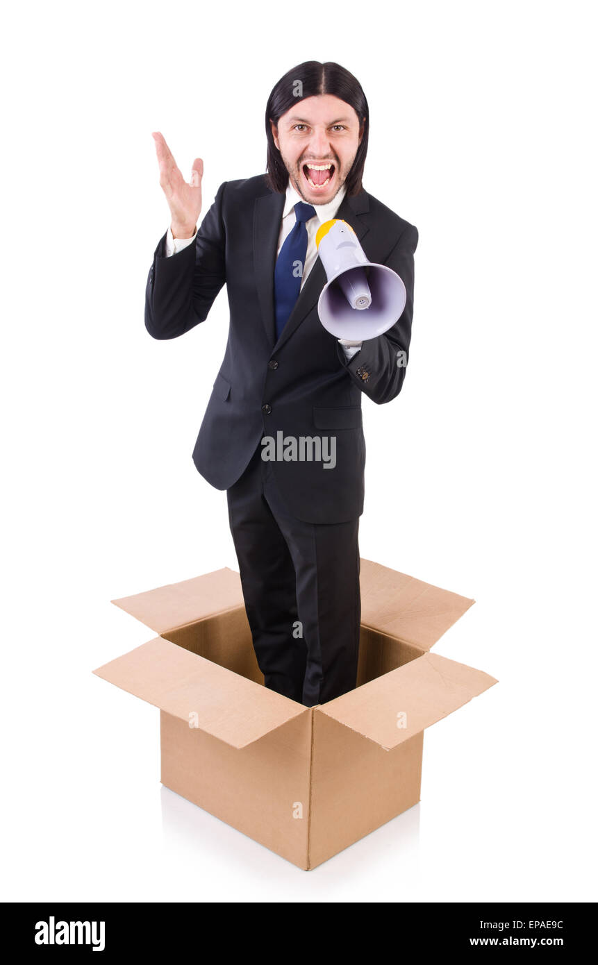 Man with loudspeaker in the box Stock Photo - Alamy
