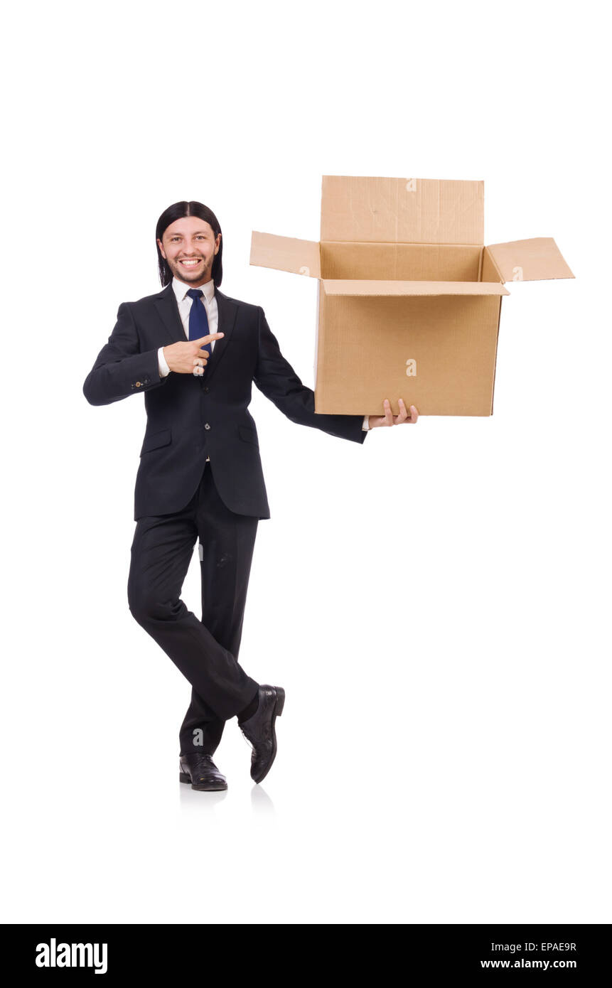 Funny man with boxes on white Stock Photo - Alamy