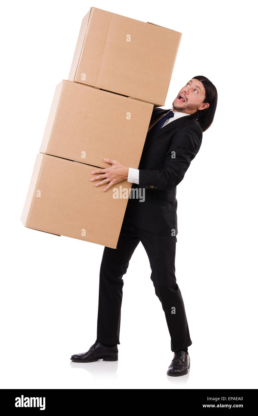 Funny man with boxes on white Stock Photo - Alamy
