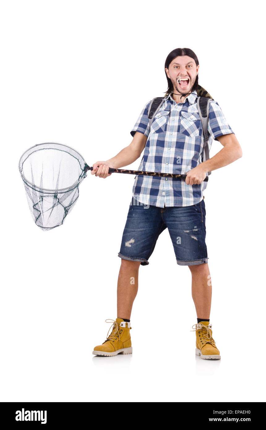 Man with big catching net isolated on white Stock Photo - Alamy