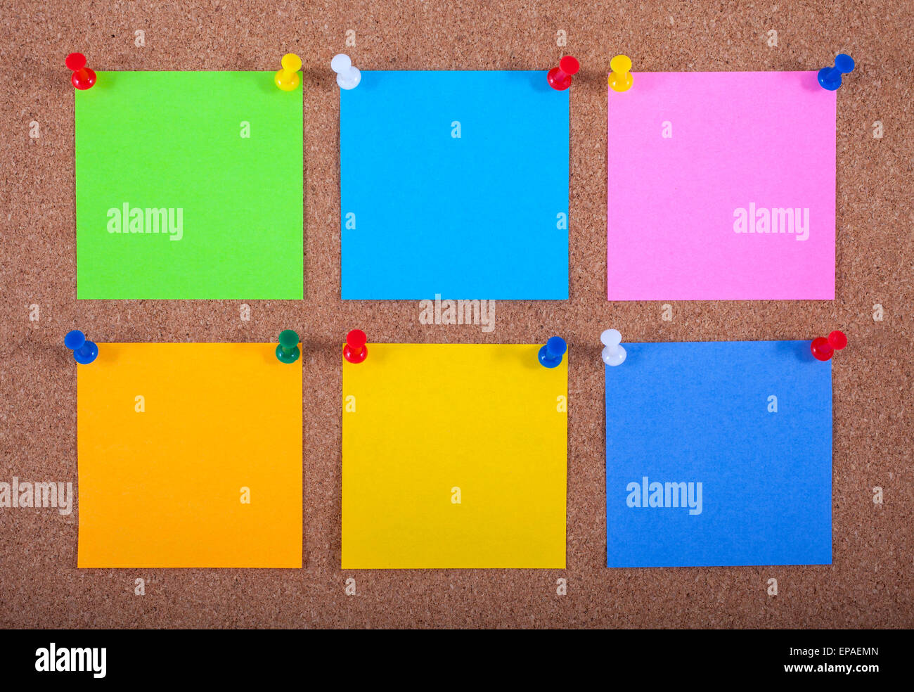 Six blank sticky notes pinned onto a noticeboard Stock Photo - Alamy